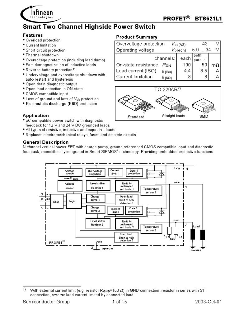 Datasheet Infineon BTS 621 L1 | PDF | Power Supply | Field Effect ...