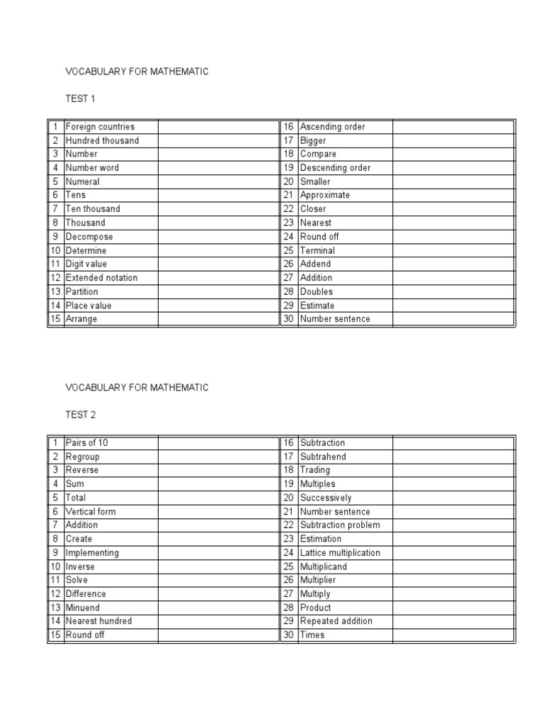 Vocab Test | PDF | Fraction (Mathematics) | Subtraction