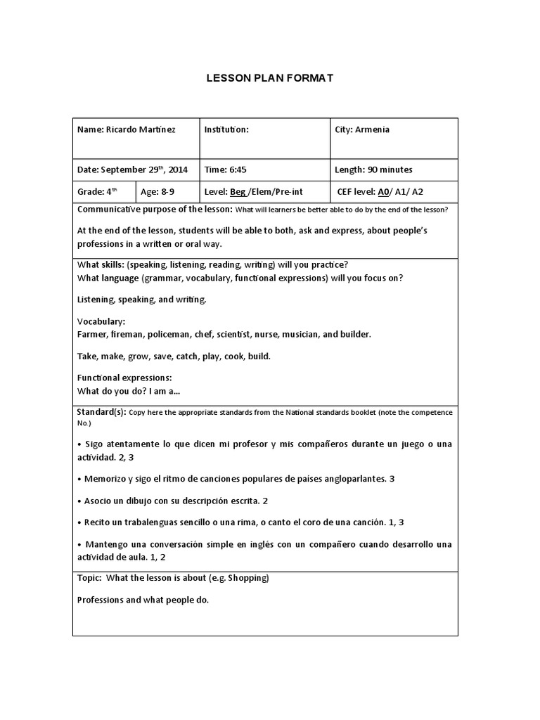 Lesson Plan Format: What Will Learners Be Better Able To Do by The End ...