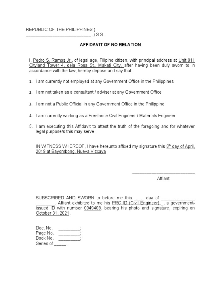 Affidavit of No Relation to Any Government Office by Pedro S. Ramos Jr ...