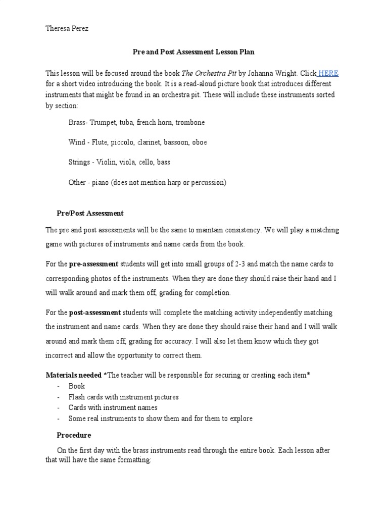 Pre and Post Assessment Lesson Plan | PDF | Musical Instruments ...