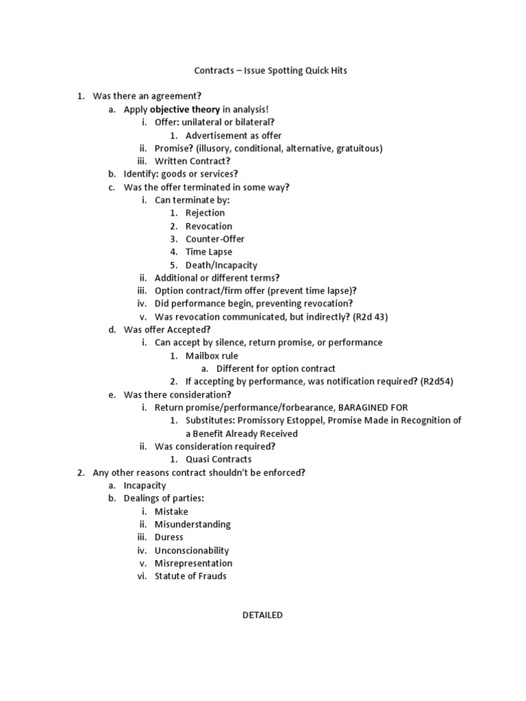 Contracts 1 - Quick Issue Spotting Guide | PDF | Offer And Acceptance ...