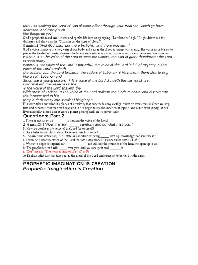 Questions: Part 2: Prophetic Imagination Is Creation | PDF | God ...