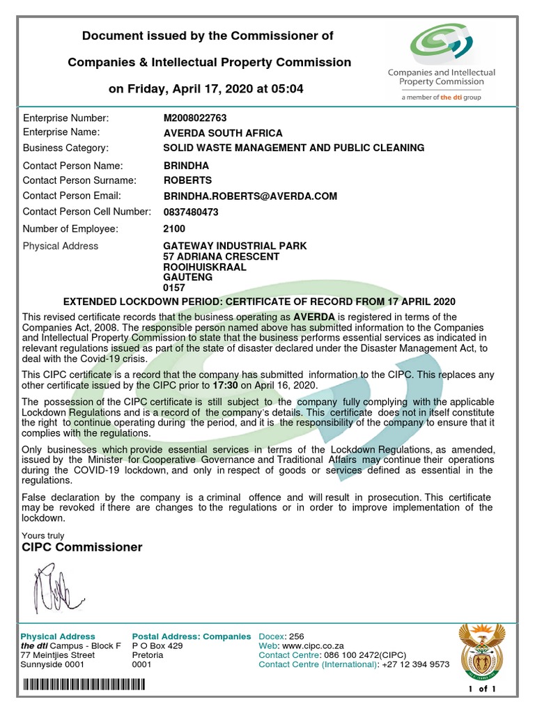 Certificate of Record from the Companies and Intellectual Property ...