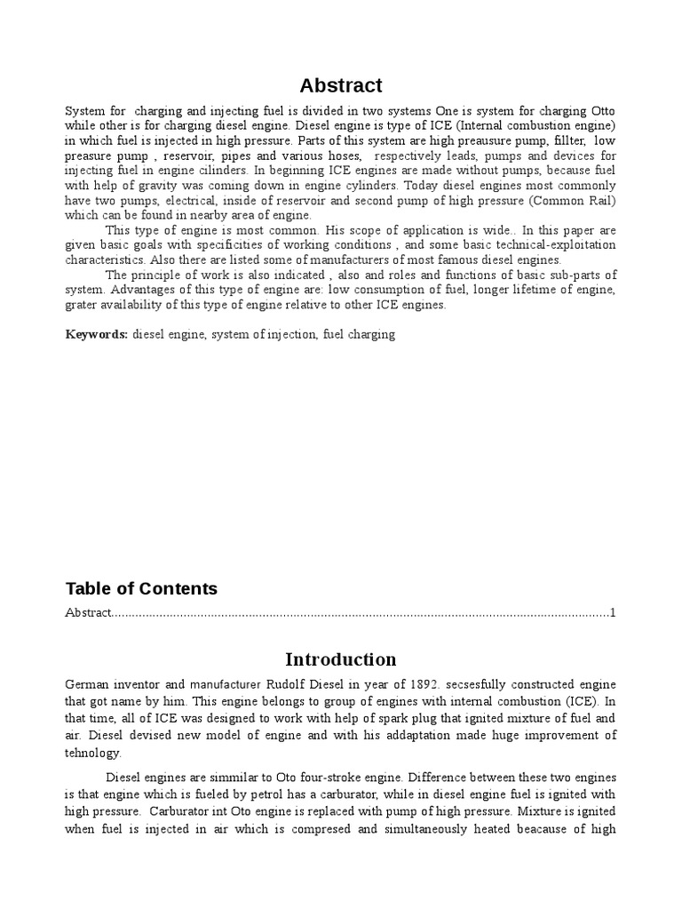 Keywords: Diesel Engine, System of Injection, Fuel Charging | PDF ...