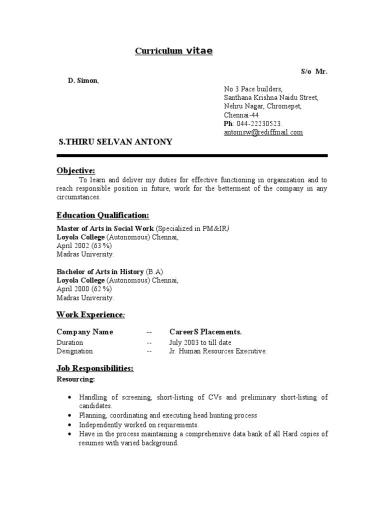 Curriculum Vitae: S.Thiru Selvan Antony | PDF | Human Resources ...