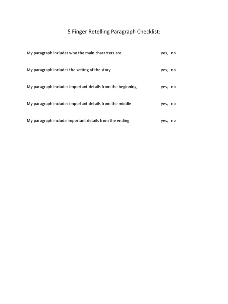 5 Finger Retelling Paragraph Checklist | PDF