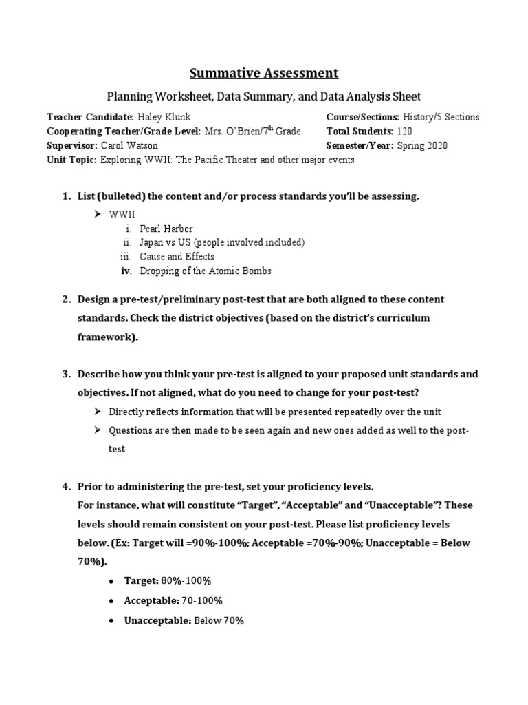 Summative Assessment: Planning Worksheet, Data Summary, and Data ...