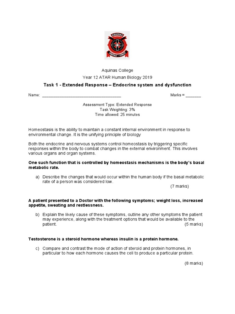 Task 1 - Extended Response - Endocrine System and Dysfunction 2019 | PDF