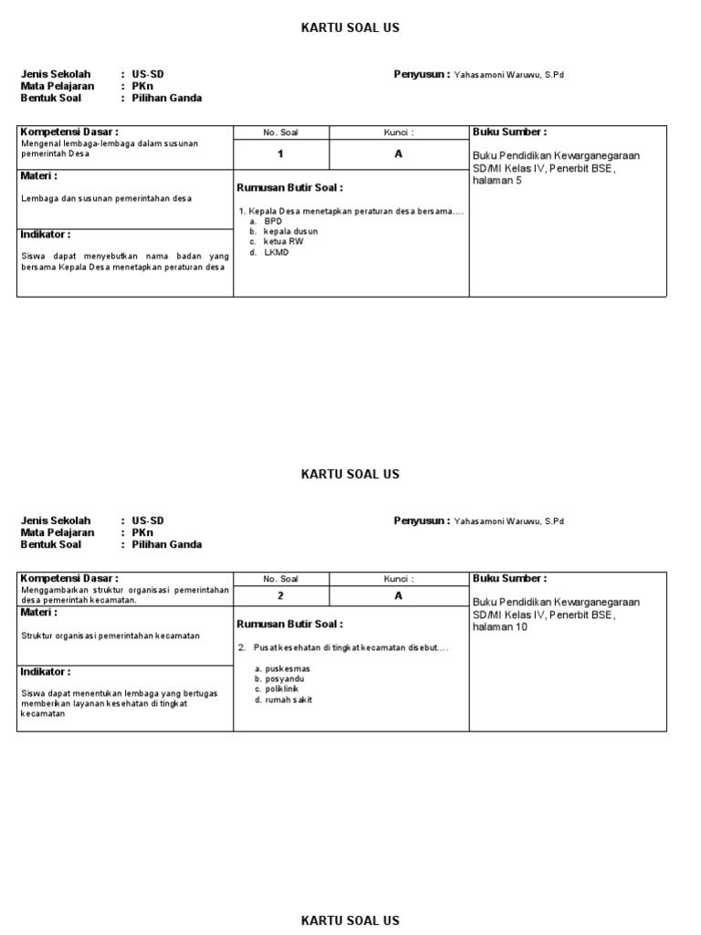 Format Kartu Soal PKN | PDF