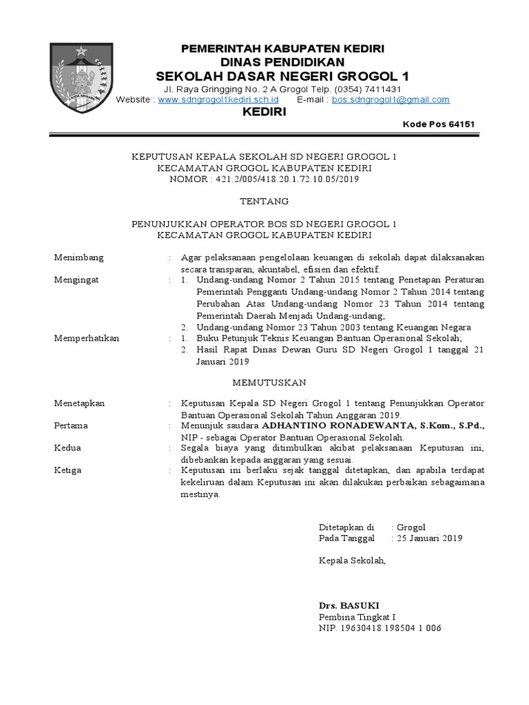 SK Penunjukan Operator BOS SD Grogol 1 | PDF