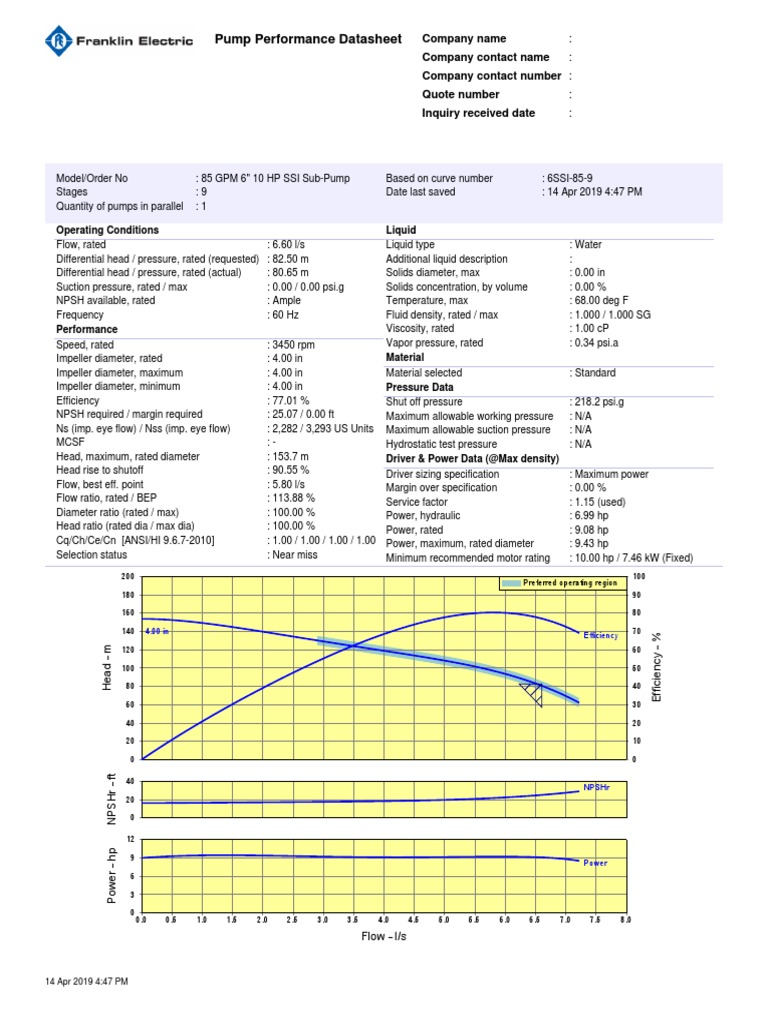 Pump Performance Datasheet: Operating Conditions Liquid | PDF ...