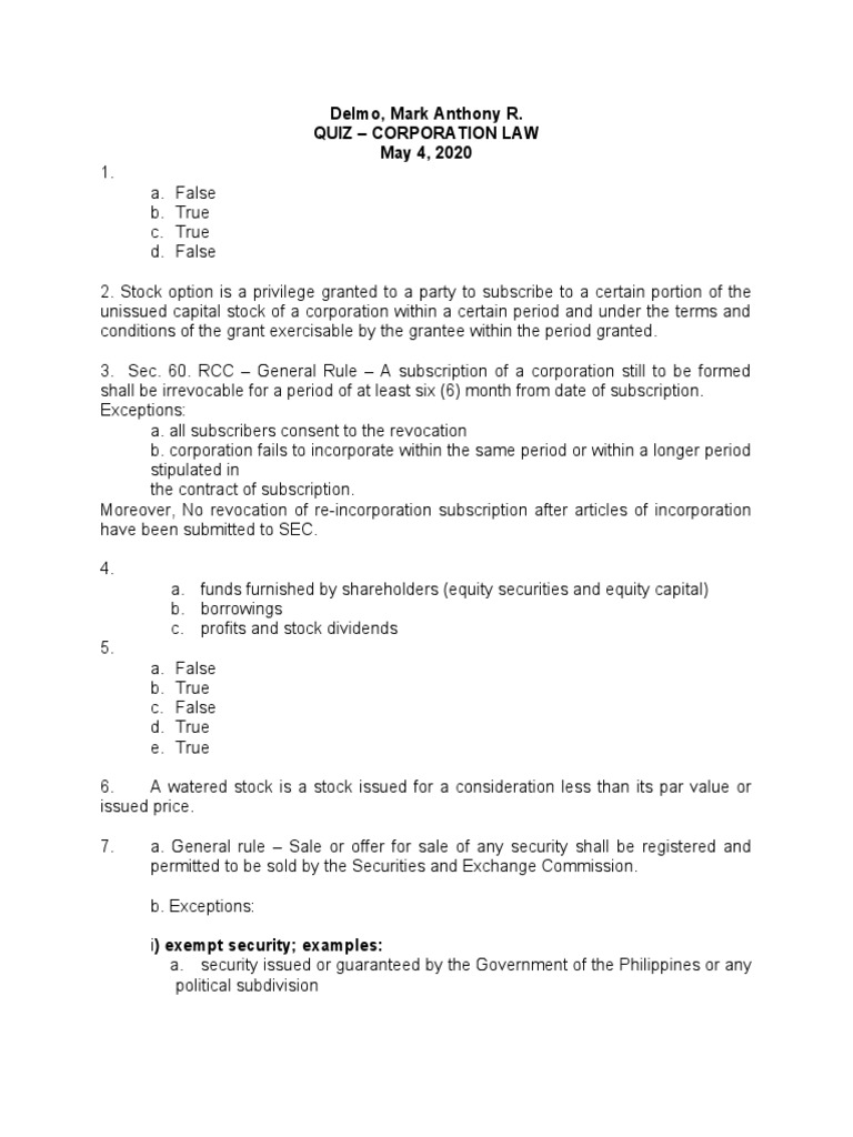 Delmo, Mark Anthony R. Quiz - Corporation Law May 4, 2020 | PDF