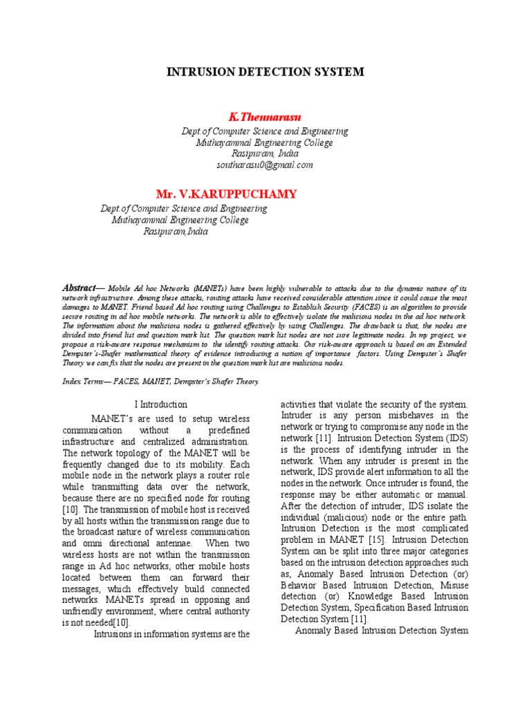 Intrusion Detection System: Mr. V.Karuppuchamy | PDF | Wireless Ad Hoc Network | Routing