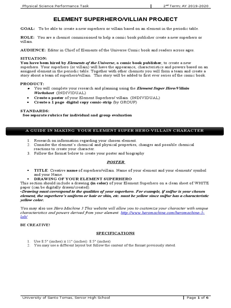 Element Superhero/Villian Project: Worksheet (INDIVIDUAL) | PDF ...