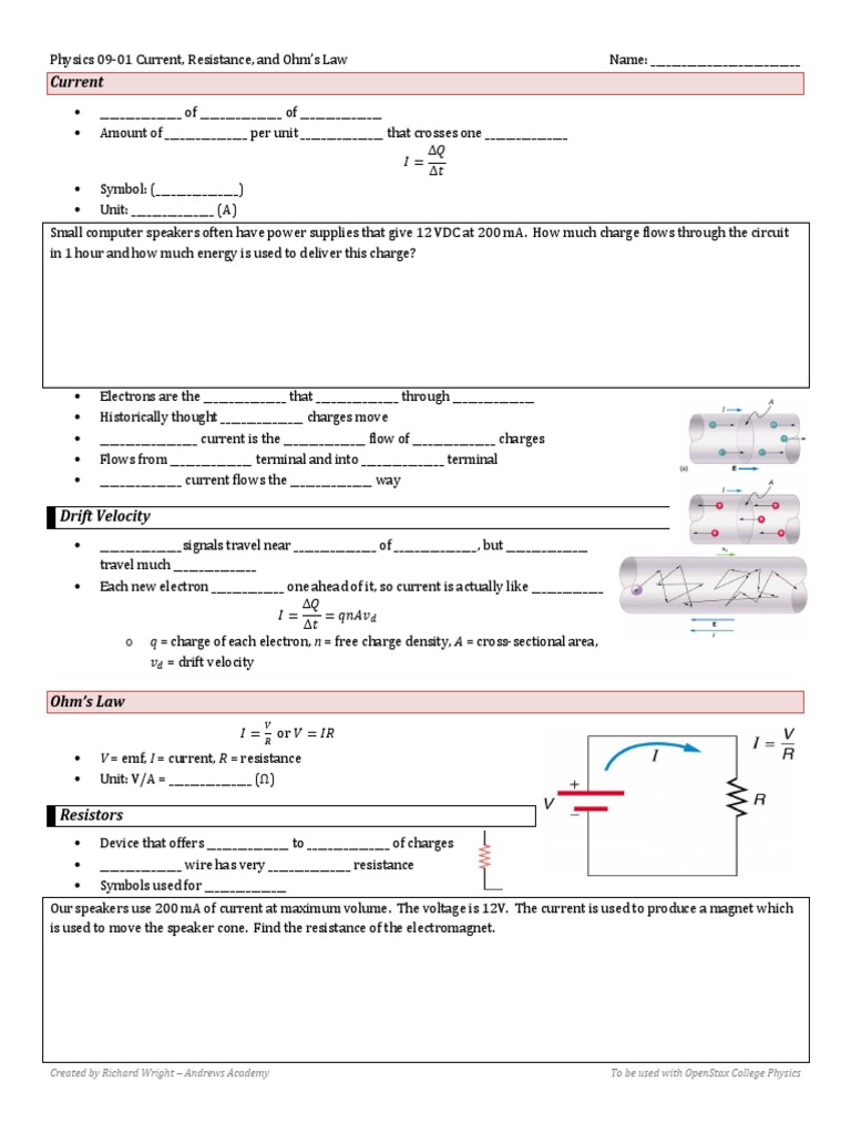 Physics 09-01 Current, Resistance, and Ohms Law | PDF | Electrical ...