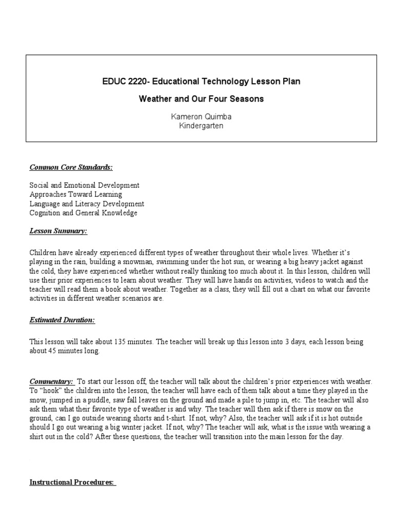 EDUC 2220-Educational Technology Lesson Plan Weather and Our Four Seasons | PDF | Differentiated ...