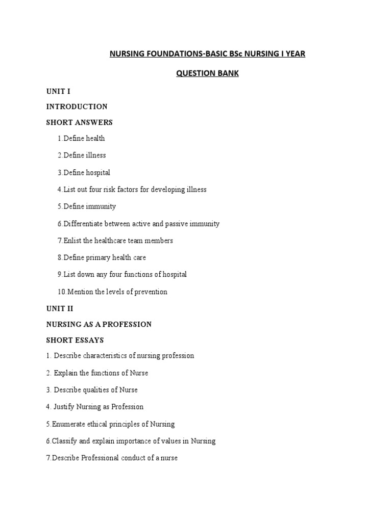Nursing Foundations-Basic BSC Nursing I Year Question Bank: Unit I ...