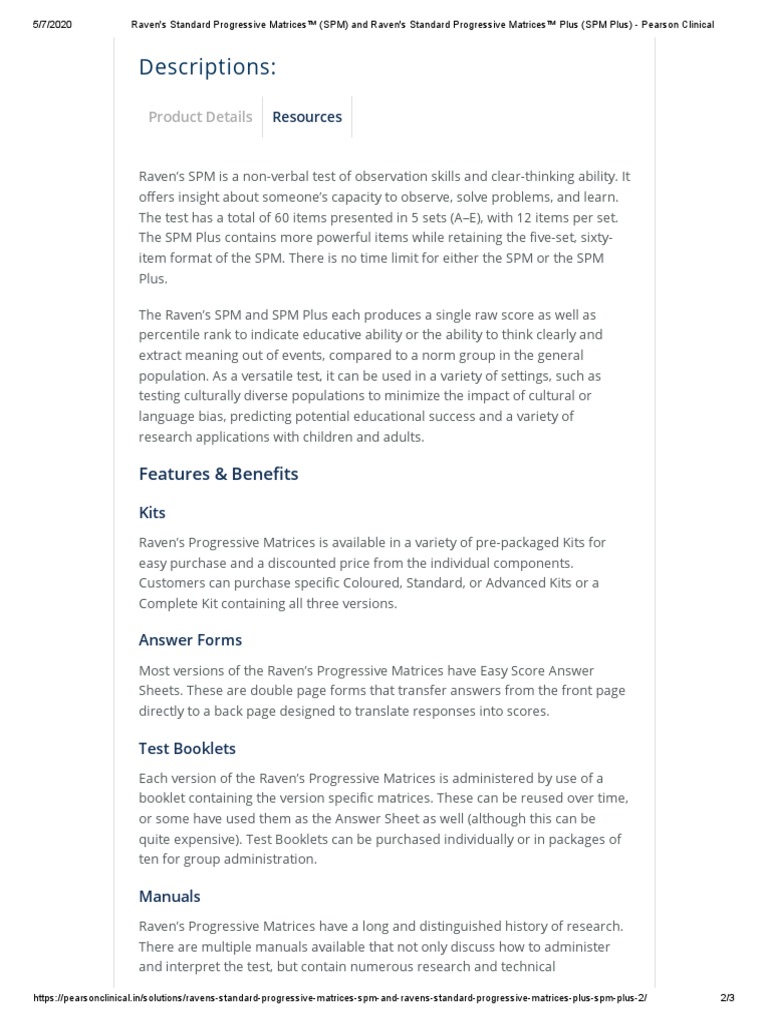 5 Raven's Standard Progressive Matrices™ (SPM) | PDF | Behavioural ...