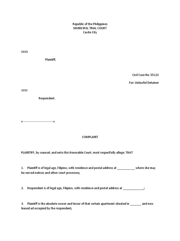Sample Complaint For Unlawful Detainer | PDF | Lease | Lawsuit
