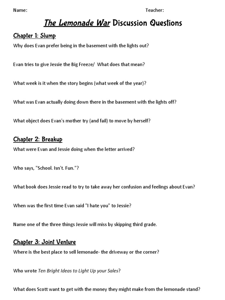 The Lemonade War Discussion Questions | PDF | Games & Activities