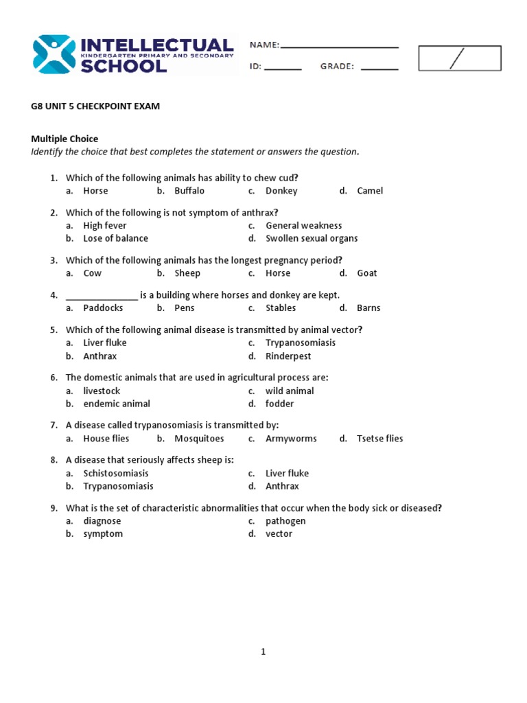 G8 Unit 5 Animal Science Exam Questions | PDF | Ruminant | Manure