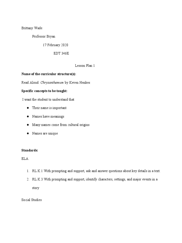 Lesson Plan 1 - Chrysanthemum | PDF | Pedagogy | Teachers