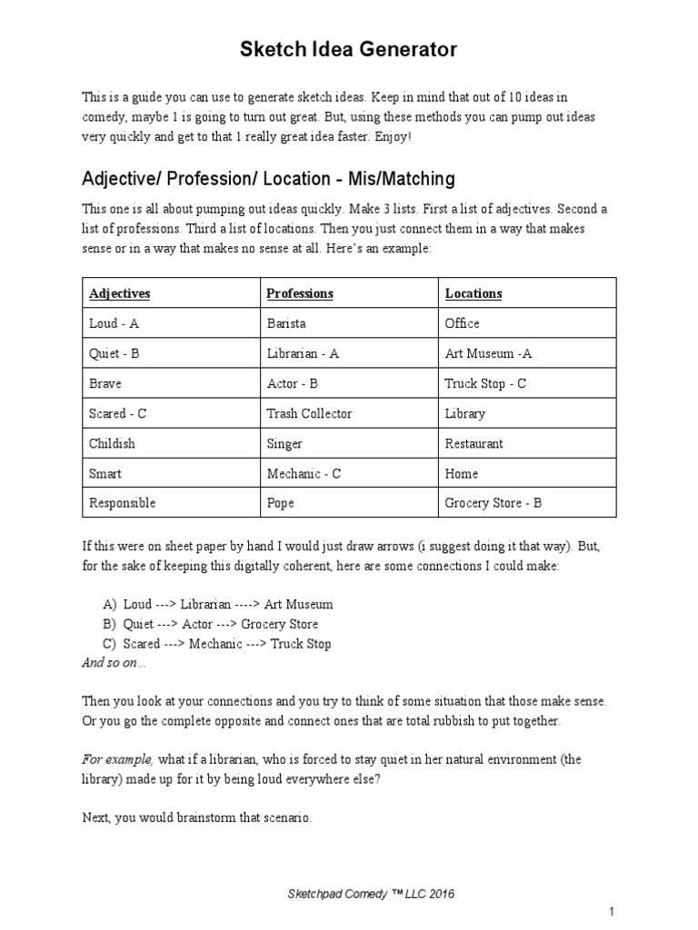 Sketch Idea Generator Worksheet | PDF | Improvisational Theatre