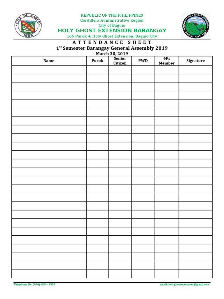 Barangay Assembly Attendance Sheet 2019 | PDF