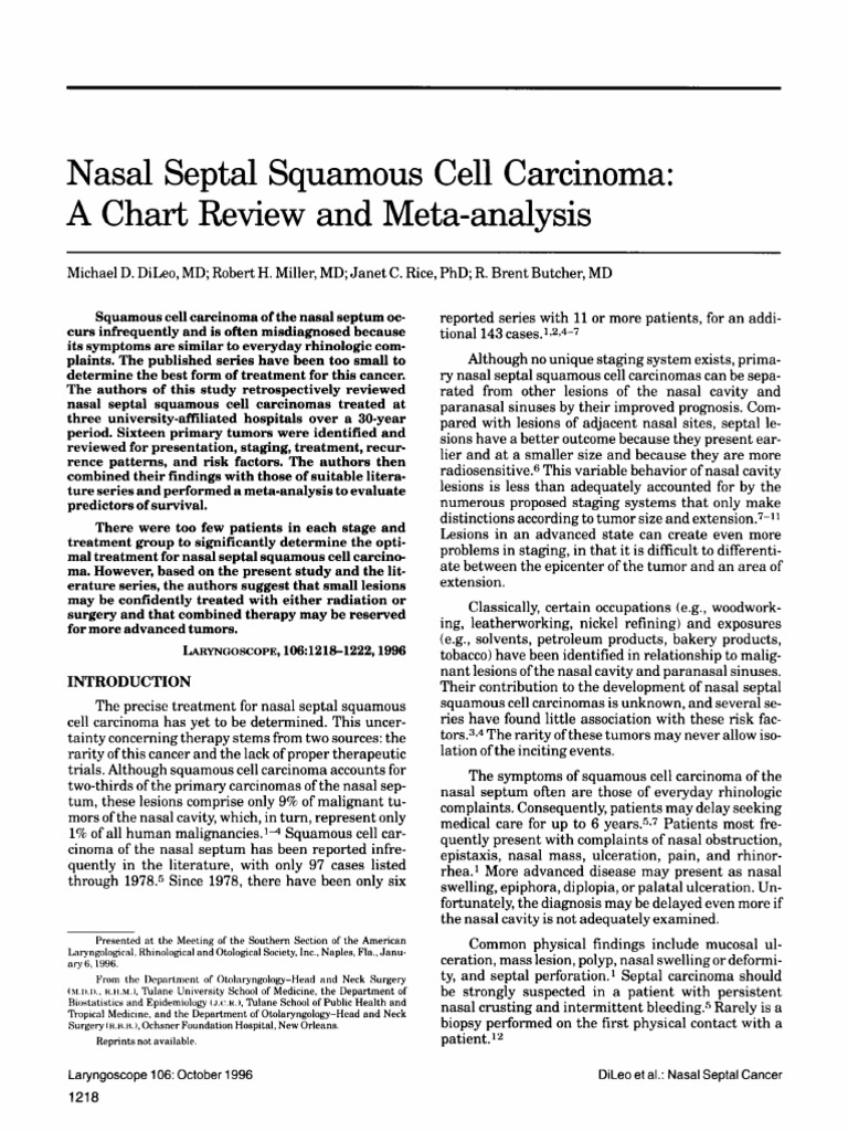 Nasal Cell: Septal Squamous Carcinoma: Chart Review and Meta-Analysis ...