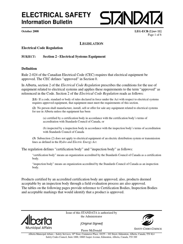 Alberta Electrical Information Safety Bulletin - STANDATA LEG-ECR-2 ...