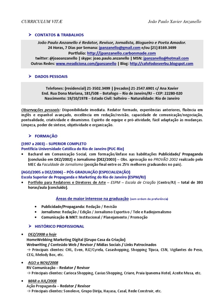 CV - Joao Paulo Anzanello | PDF | Publicidade | Rio de Janeiro