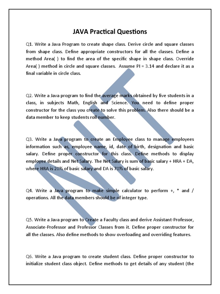 Java Practical Questions: Shape, Student, Employee Classes | PDF ...