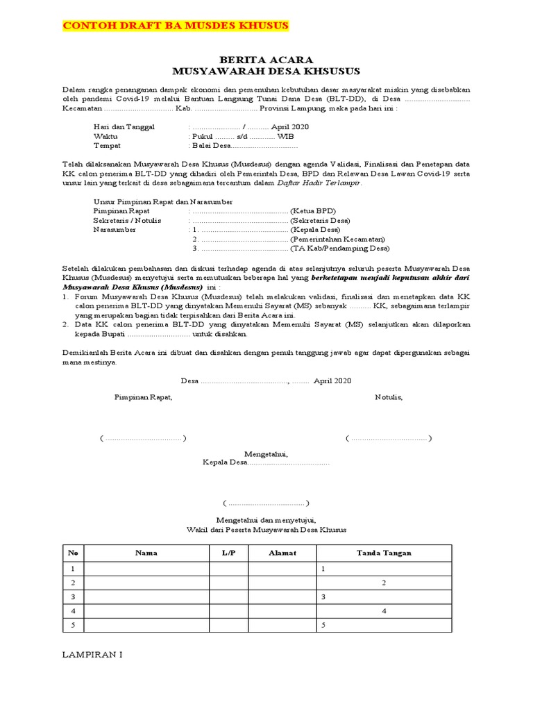 CONTOH DRAFT BA MUSDES KHUSUS & Lampiran | PDF