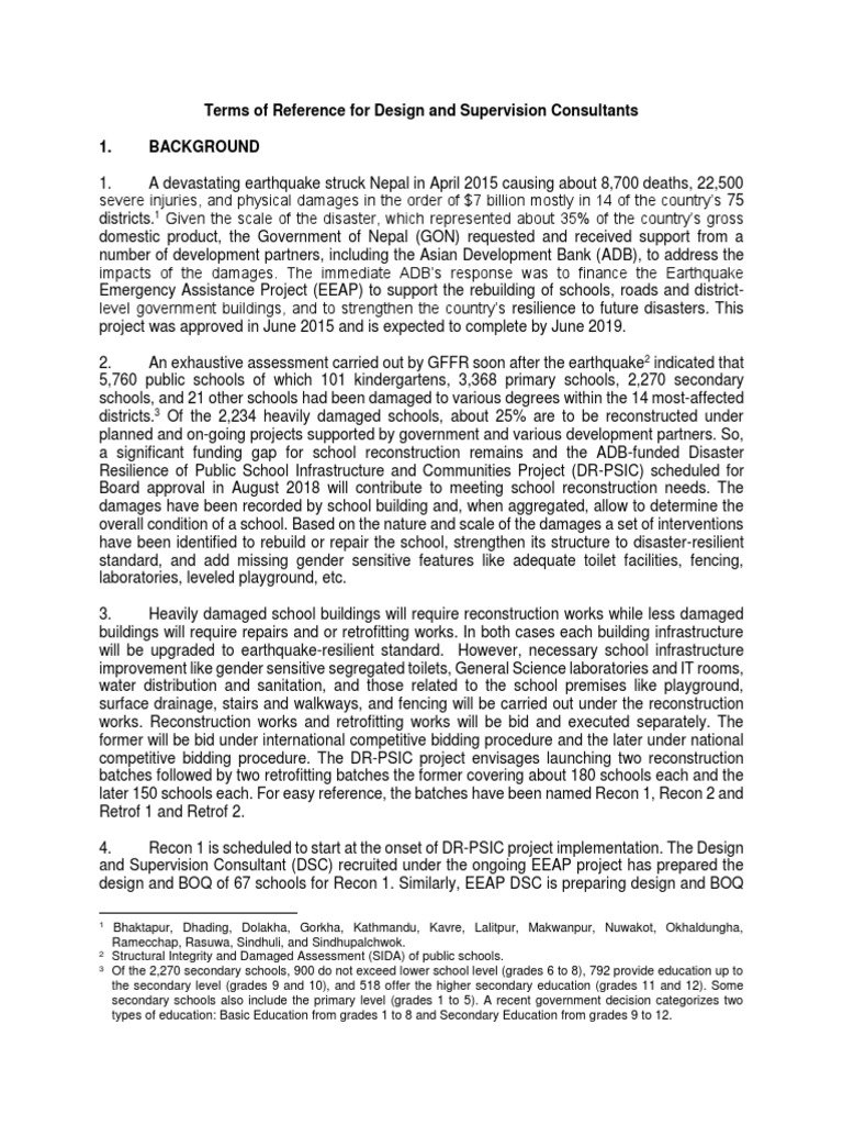 Terms of Reference For Design and Supervision Consultants 1. Background ...