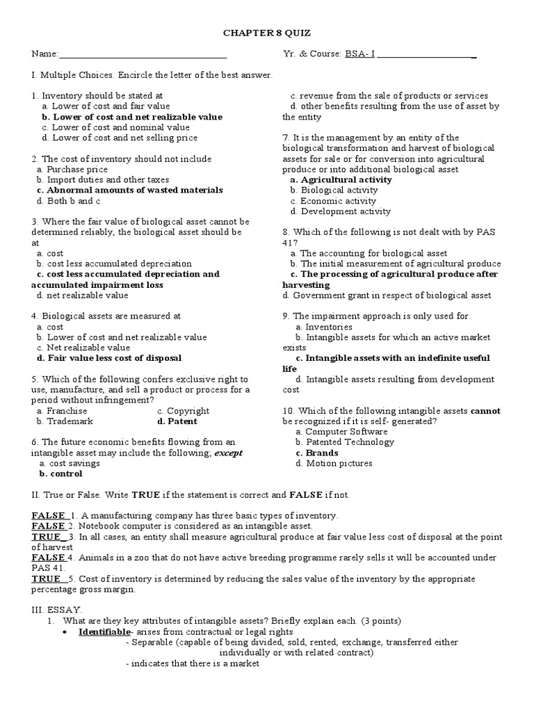 Chapter 8 Quiz Answer Key | Download Free PDF | Intangible Asset ...