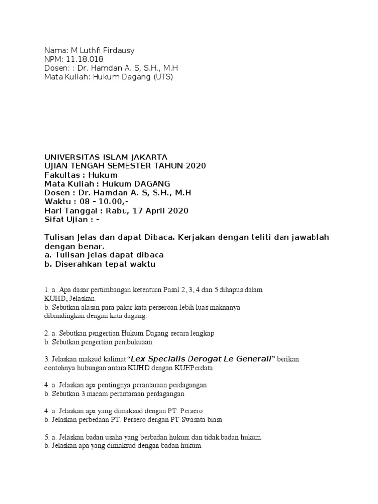 Jawaban Soal Uts Hukum Dagang | PDF