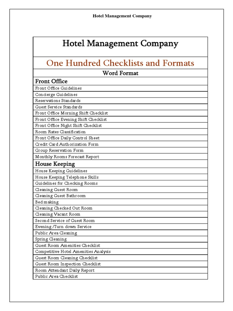 One Hundred Checklists and Formats: Hotel Management Company | PDF ...