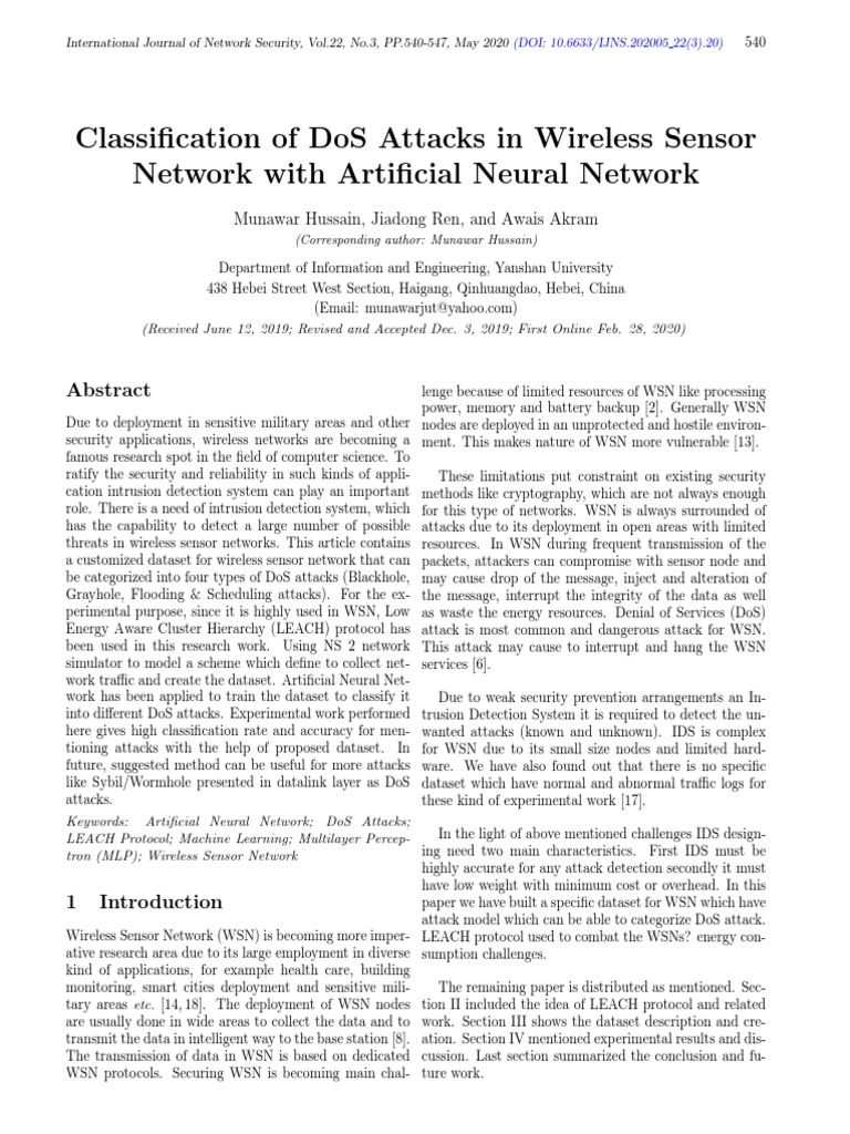 Ijns 2020 v22 n3 p540 547 PDF | PDF | Wireless Sensor Network | Denial Of Service Attack