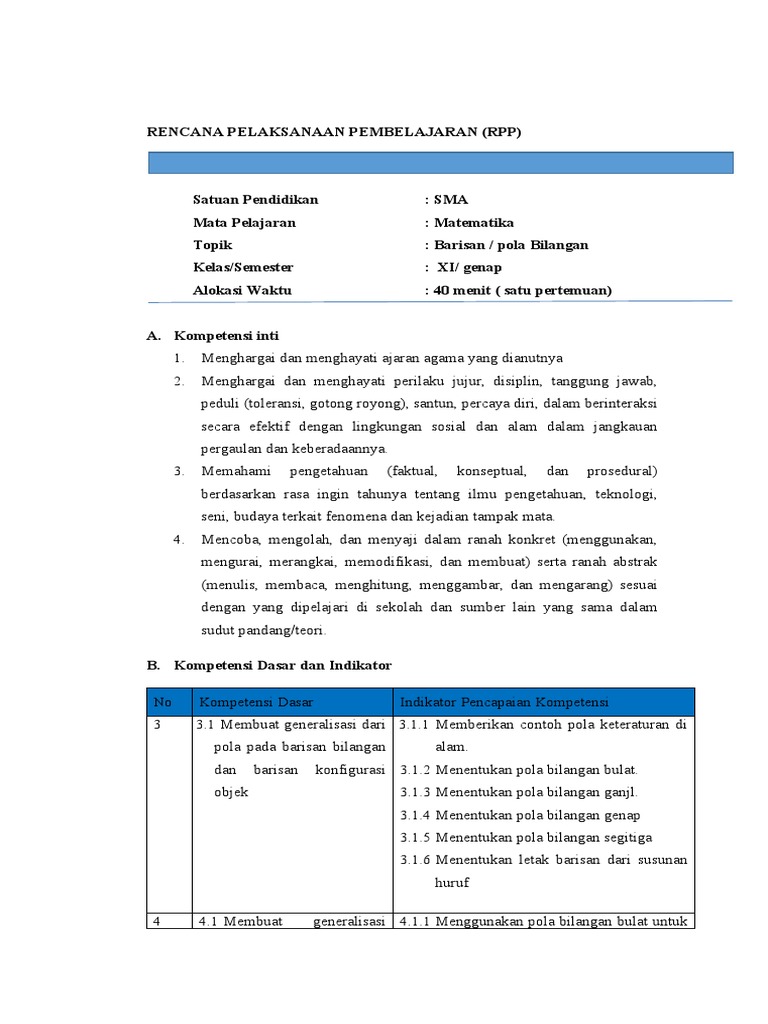 RPP Pola Bilangan 1 | PDF