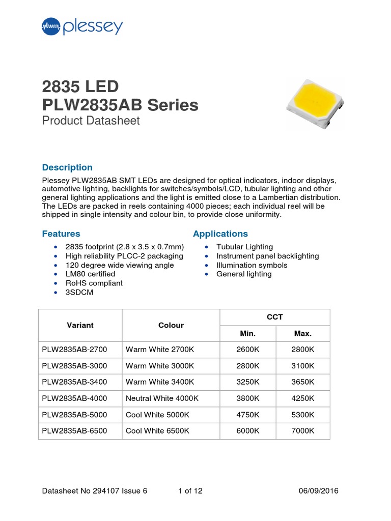 2835 LED PLW2835AB Series: Product Datasheet | Download Free PDF | Intellectual Property | Light ...
