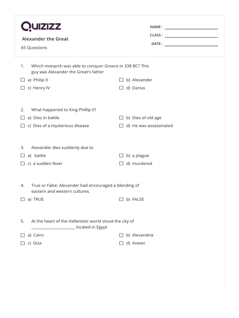 Alexander The Great - Print - Quizizz | PDF | Alexander The Great ...