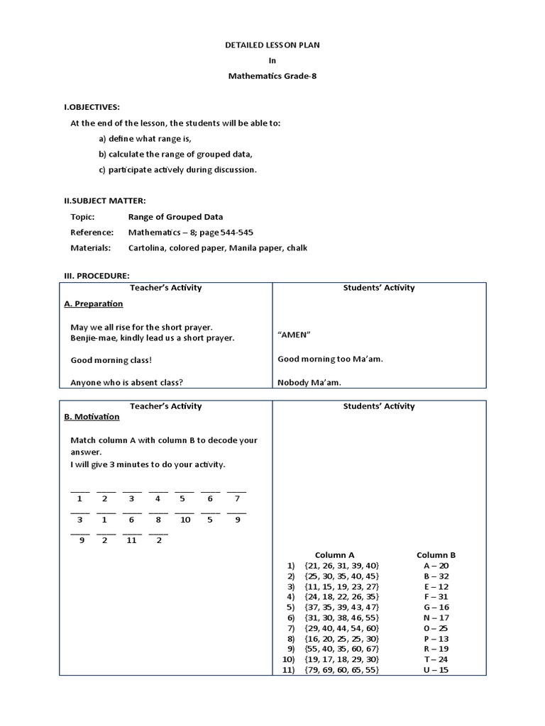 Lesson Plan (RANGE) | PDF | Interval (Mathematics) | Lesson Plan