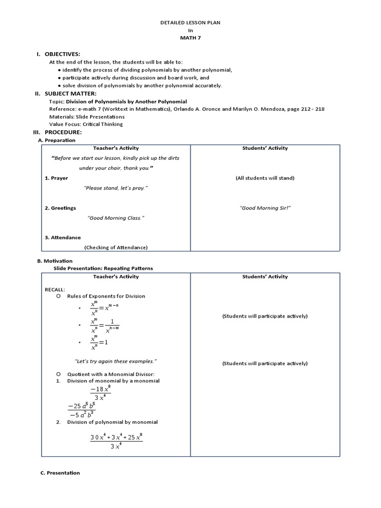 Lesson Plan 1 - Division of Polynomials by Another Polynomial | PDF ...