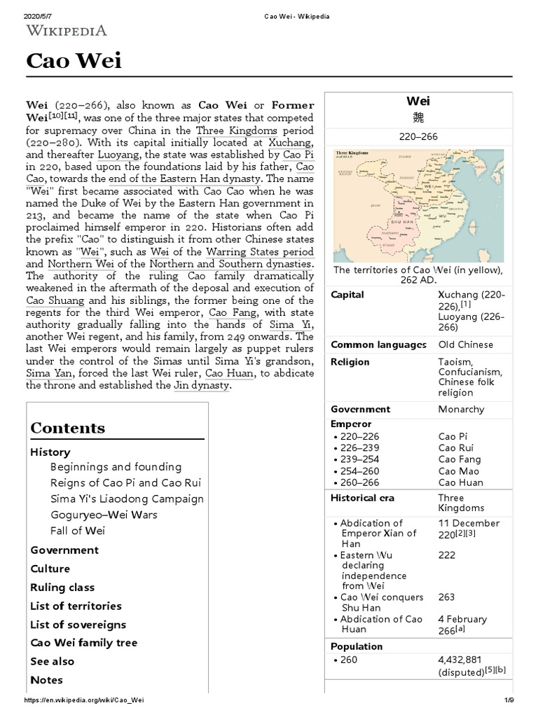 Cao Wei: Wei (220-266), Also Known As Cao Wei or Former Wei | PDF | Three Kingdoms | Confucianism