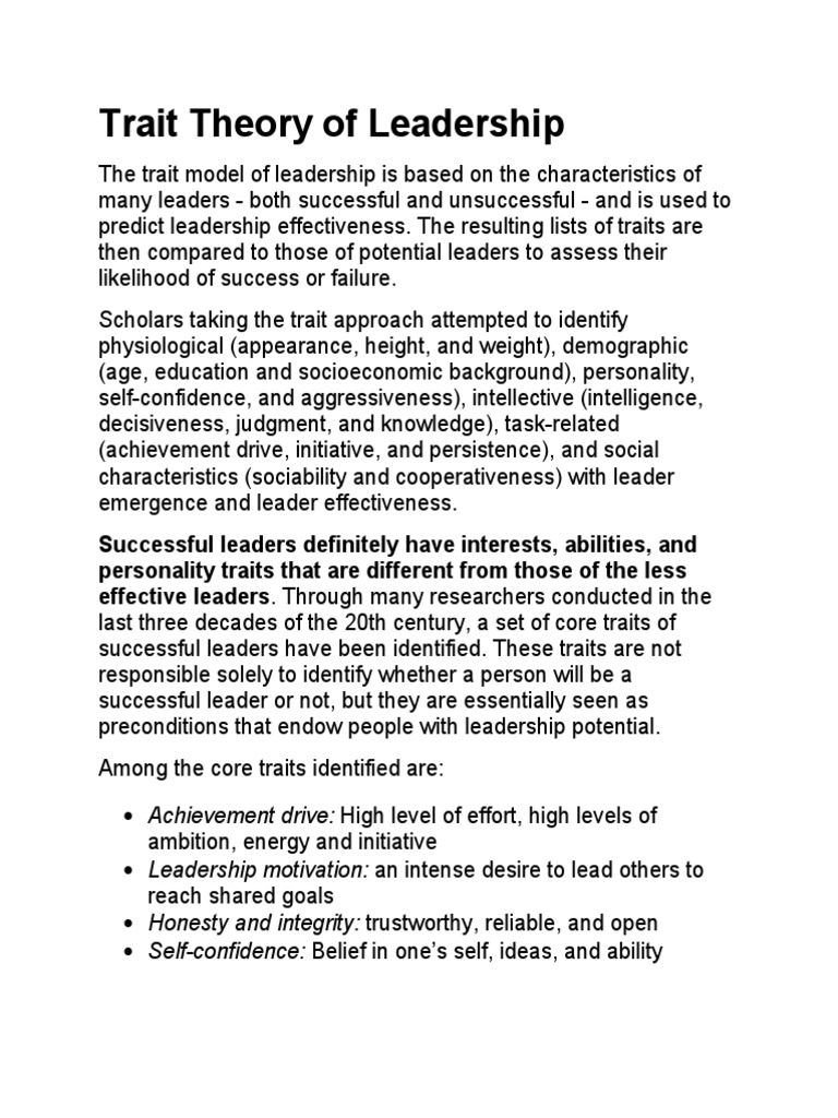 Trait Theory of Leadership | PDF | Leadership | Neuropsychological ...