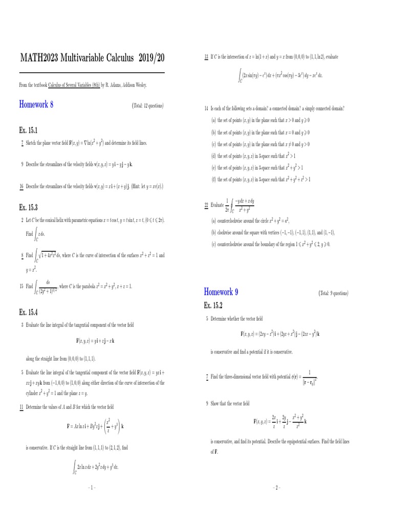 MATH2023 Multivariable Calculus 2019/20: Homework 8 | PDF | Flux | Tangent