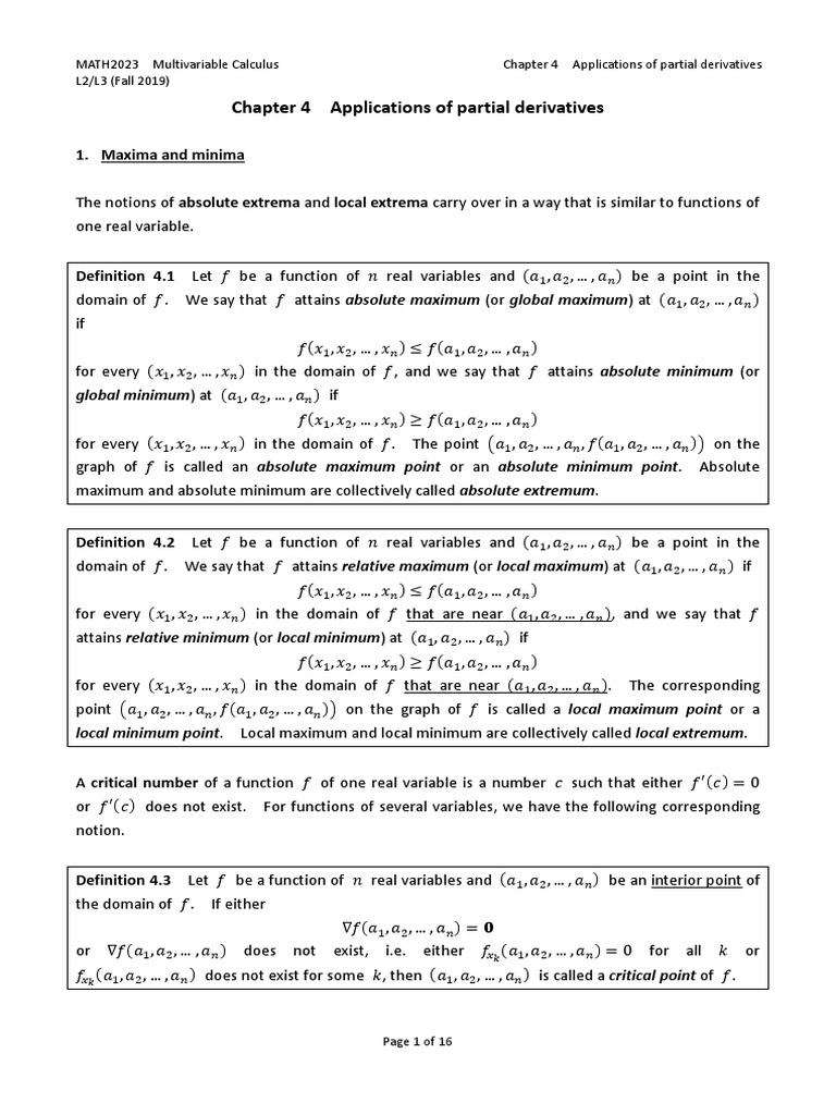 Chapter 4 Applications of Partial Derivatives: 1. Maxima and Minima ...