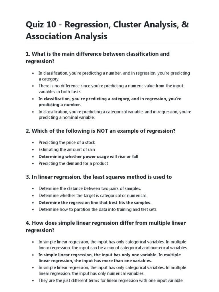 Quiz 10 - Regression, Cluster Analysis, & Association Analysis | PDF | Cluster Analysis ...