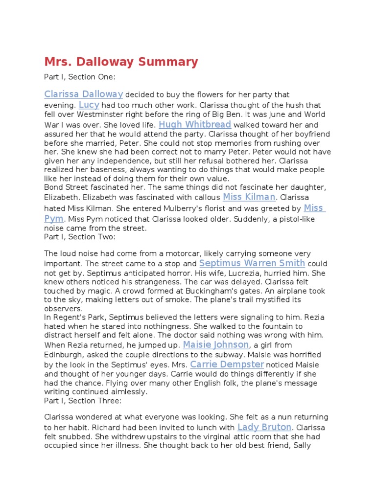 Mrs. Dalloway Summary: Clarissa Dalloway Lucy Hugh Whitbread | PDF ...